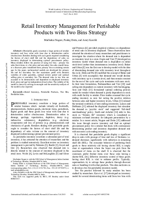 (PDF) Retail Inventory Management For Perishable Products With Two Bins ...