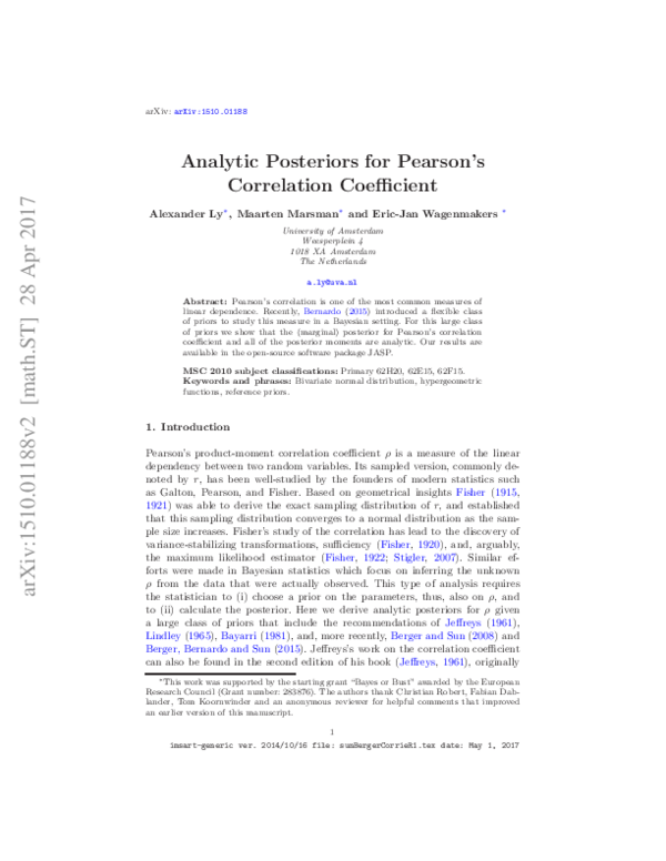 (PDF) Analytic Posteriors for Pearson's Correlation Coefficient