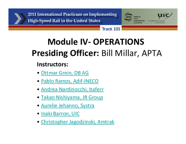 (PDF) Module IV-OPERATIONS Presiding Officer: Bill Millar, APTA Instructors