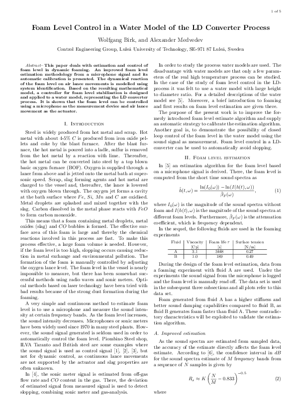 (PDF) Foam level control in a water model of the LD converter process