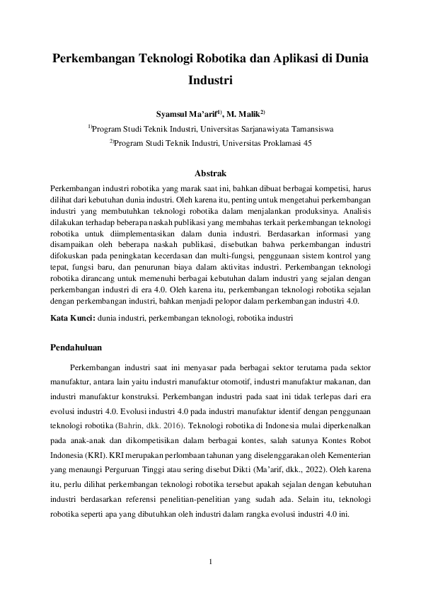 (PDF) Perkembangan Teknologi Robotika dan Aplikasi di Dunia Industri