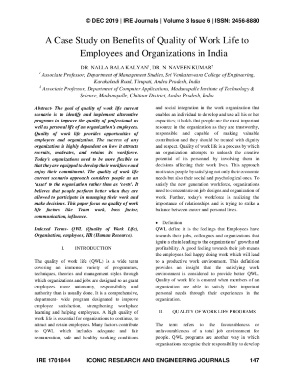 (PDF) A Case Study on Benefits of Quality of Work Life