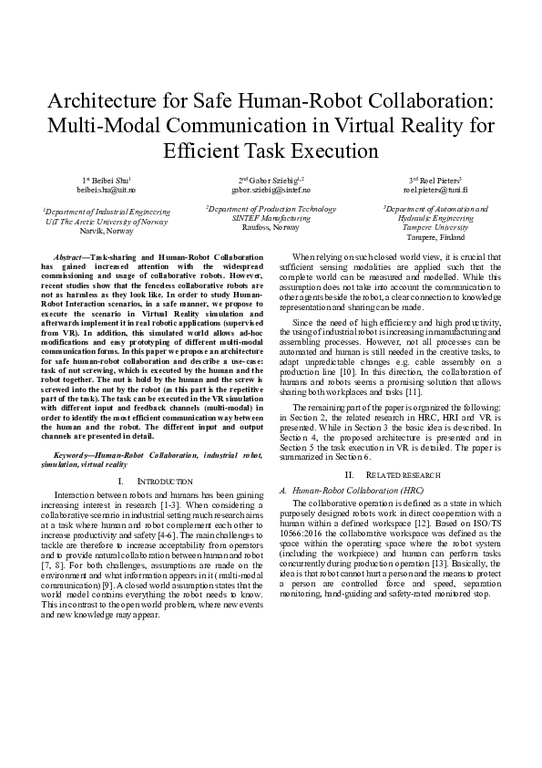 (PDF) Architecture for Safe Human-Robot Collaboration: Multi-Modal ...