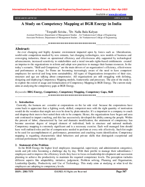 (PDF) A Study on Competency Mapping at BGR Energy in India