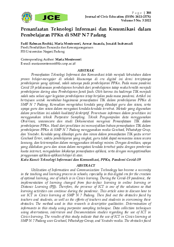 (PDF) Pemanfaatan Teknologi Informasi dan Komunikasi dalam Pembelajaran PPKn di SMP N 7 Padang