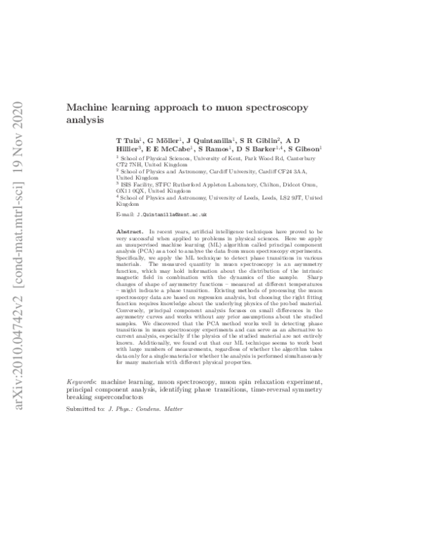 (PDF) Machine learning approach to muon spectroscopy analysis (PDF) Machine learning approach to muon spectroscopy analysis