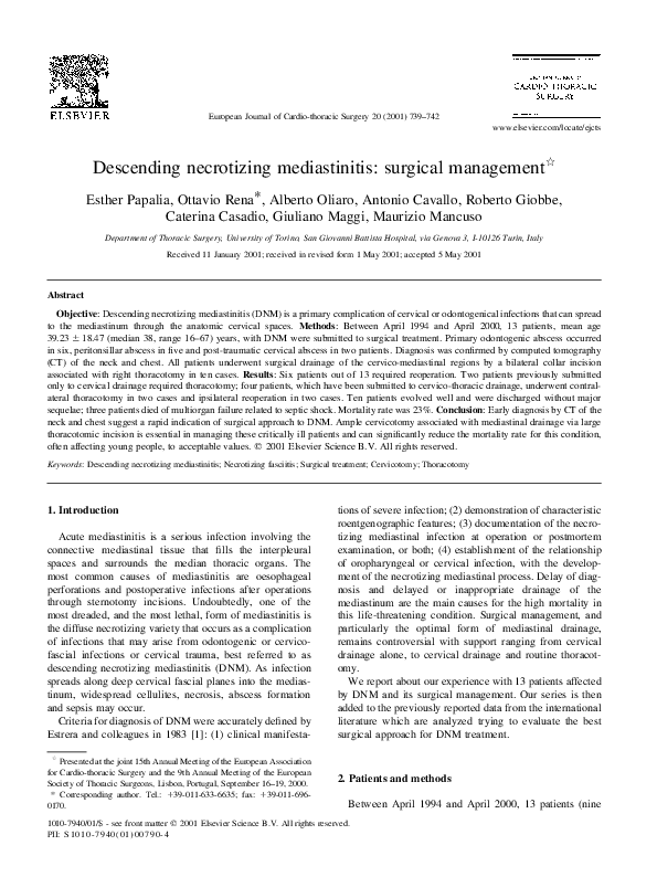 (PDF) Descending necrotizing mediastinitis: surgical management
