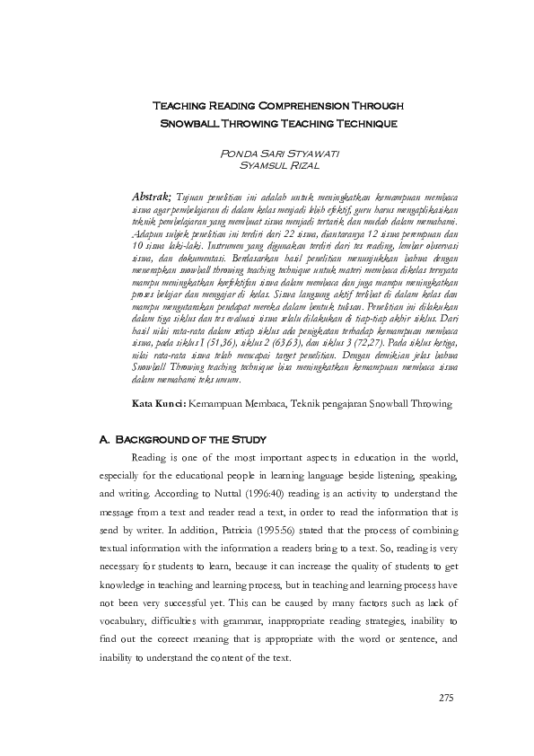 (PDF) Teaching Reading Comprehension Through Snowball Throwing Teaching ...