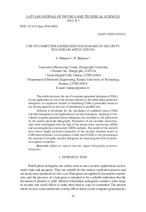 (PDF) Use of Computer-Generated Holograms in Security Hologram Applications
