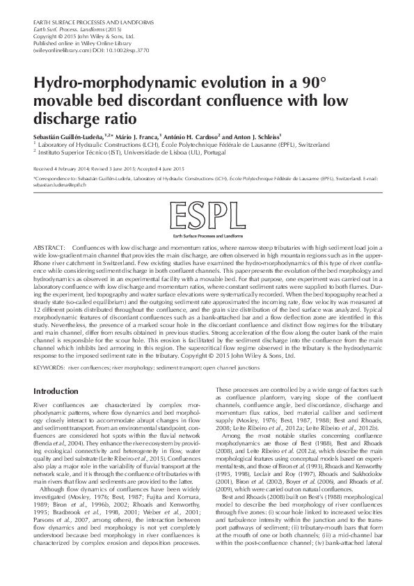 (PDF) Hydro‐morphodynamic evolution in a 90° movable bed discordant confluence with low ...