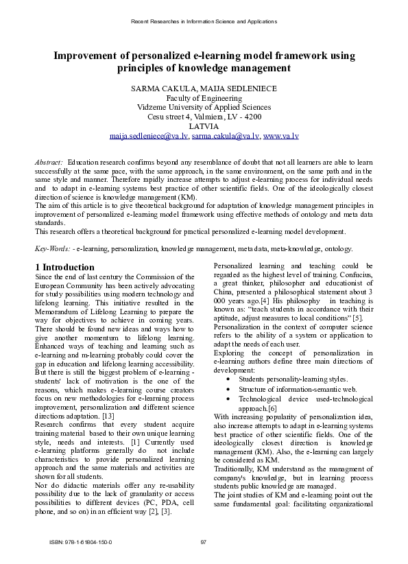 (PDF) Improvement of personalized e-learning model framework using principles of knowledge ...