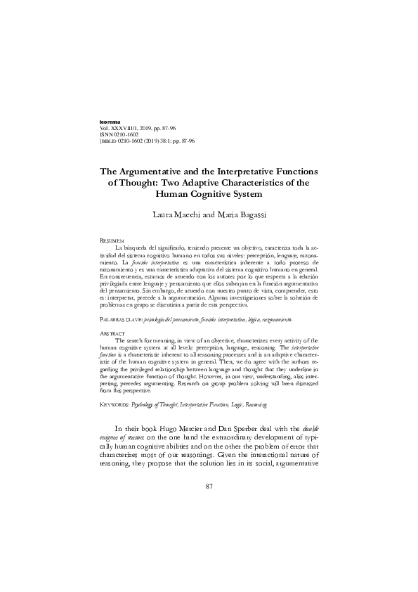 The Argumentative and the Interpretative Functions of Thought: Two Adaptive Characteristics of ...