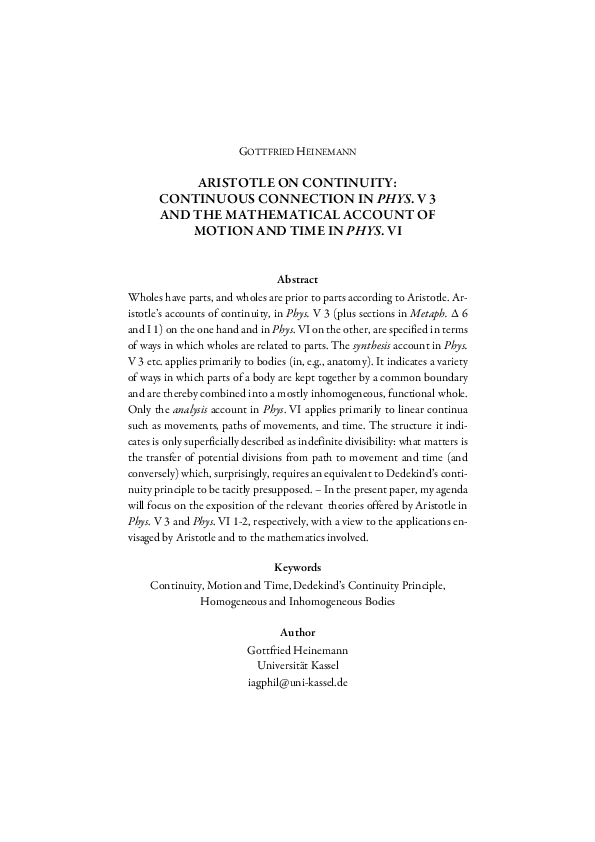 (PDF) ARISTOTLE ON CONTINUITY: CONTINUOUS CONNECTION IN PHYS. V 3 AND ...