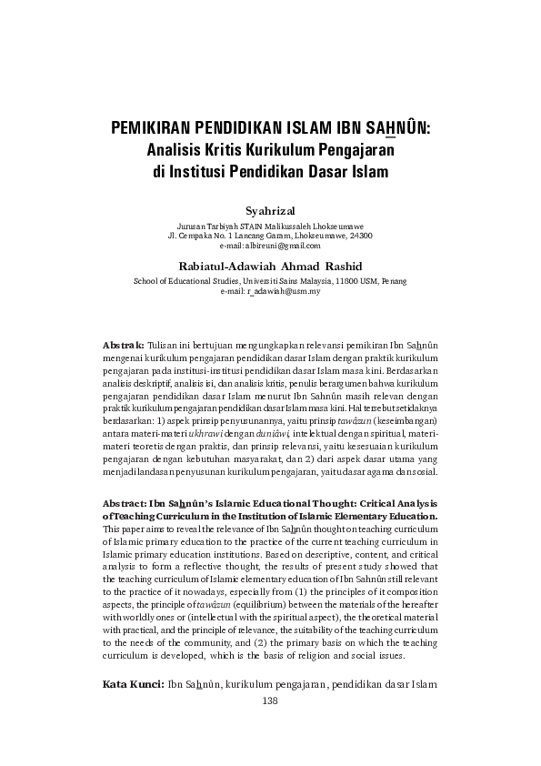 (PDF) PEMIKIRAN PENDIDIKAN ISLAM IBN SAHNÛN: Analisis Kritis Kurikulum ...