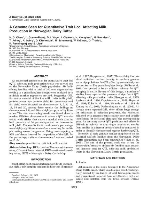 Pdf A Genome Scan For Quantitative Trait Loci Affecting Milk