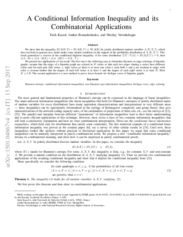 (PDF) A Conditional Information Inequality and Its Combinatorial Applications