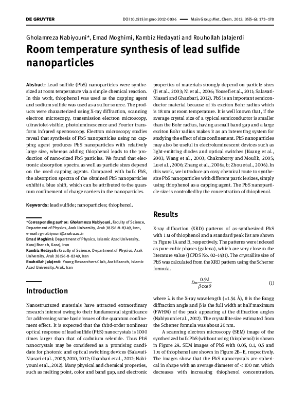 (PDF) Room temperature synthesis of lead sulfide nanoparticles