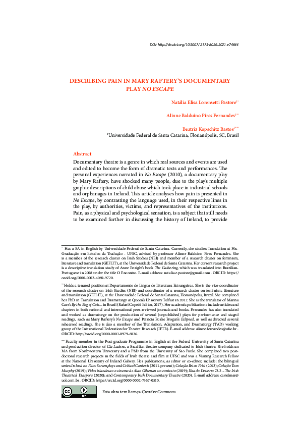 (PDF) Describing Pain in Mary Raftery's Documentary Play No Escape