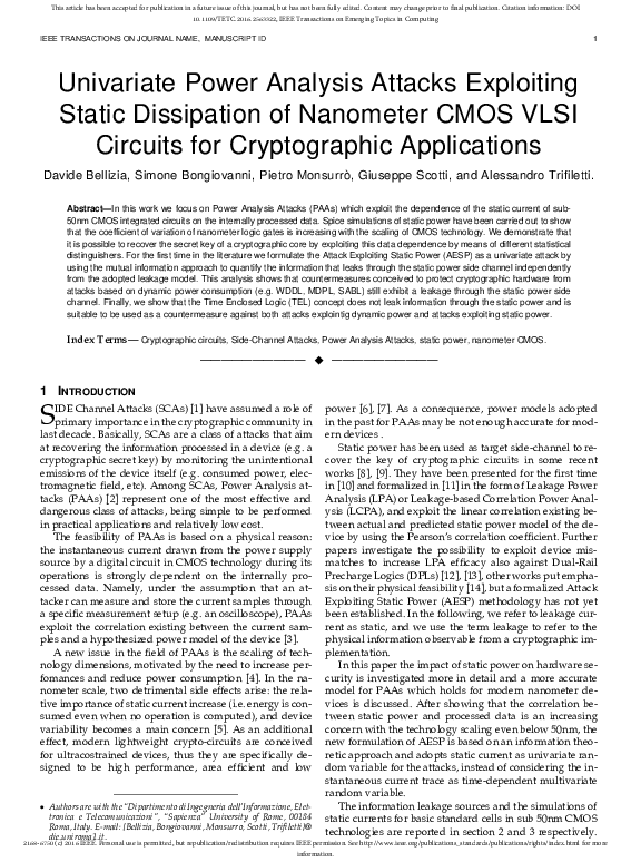 (PDF) Univariate Power Analysis Attacks Exploiting Static Dissipation of Nanometer CMOS VLSI ...