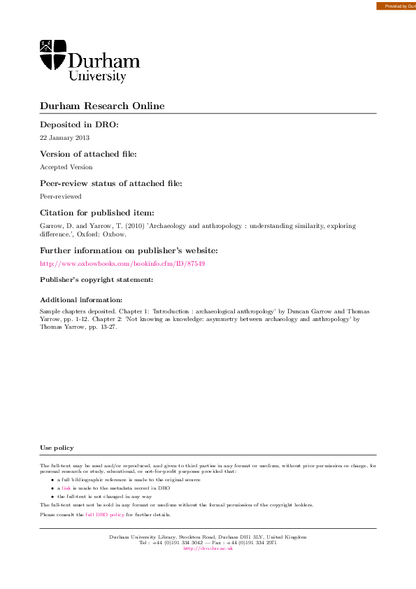 (PDF) Archaeology and Anthropology: Understanding Similarity, Exploring Difference