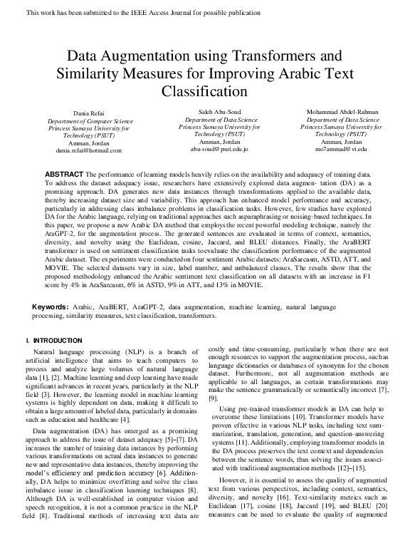 (PDF) Data Augmentation using Transformers and Similarity Measures for Improving Arabic Text ...