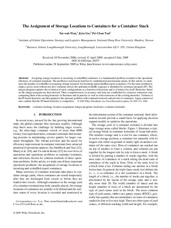 (PDF) The assignment of storage locations to containers for a container stack