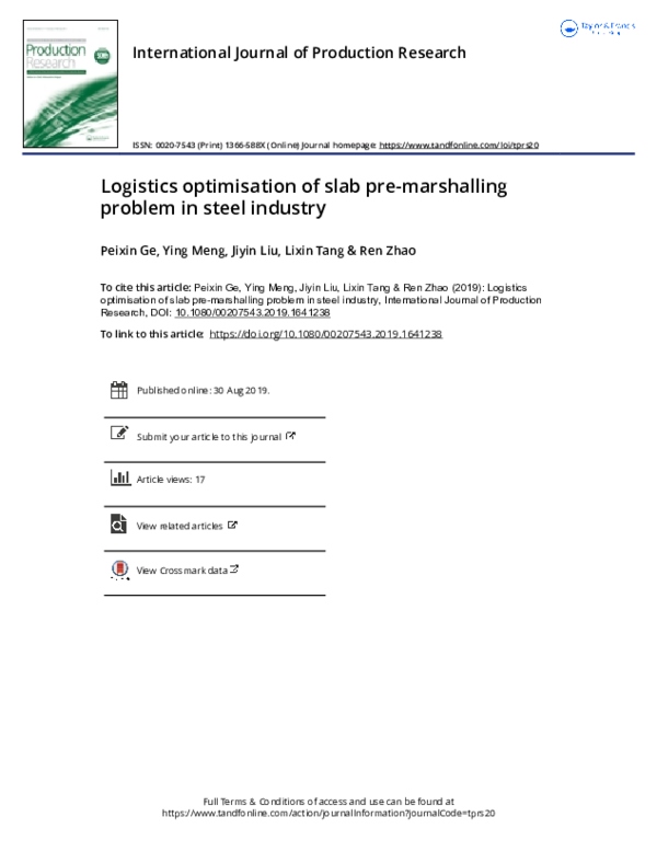Pdf Logistics Optimisation Of Slab Pre Marshalling Problem In Steel Industry
