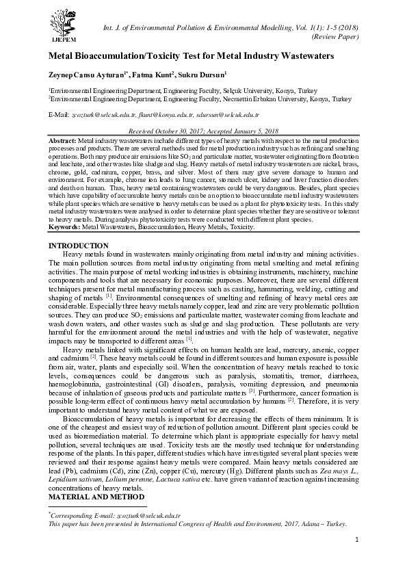 (PDF) Metal Bioaccumulation/Toxicity Test for Metal Industry Wastewaters