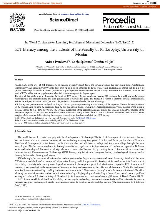 (PDF) ICT Literacy among the Students of the Faculty of Philosophy, University of Mostar