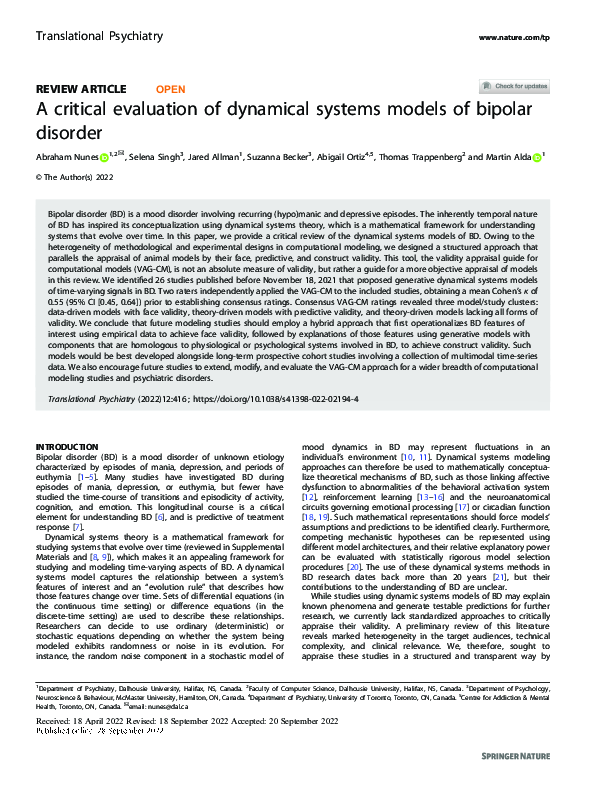 (PDF) A Critical Evaluation of Dynamical Systems Models of Bipolar Disorder