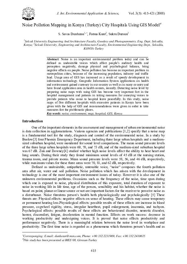 (PDF) Noise Pollution Mapping in Konya (Turkey) City Hospitals Using GIS Model