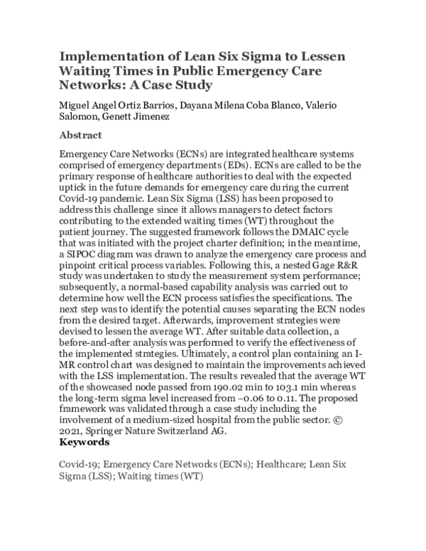 (PDF) Implementation of Lean Six Sigma to Lessen Waiting Times in ...
