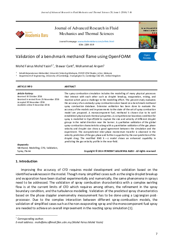 (PDF) Validation of a benchmark methanol flame using OpenFOAM ...