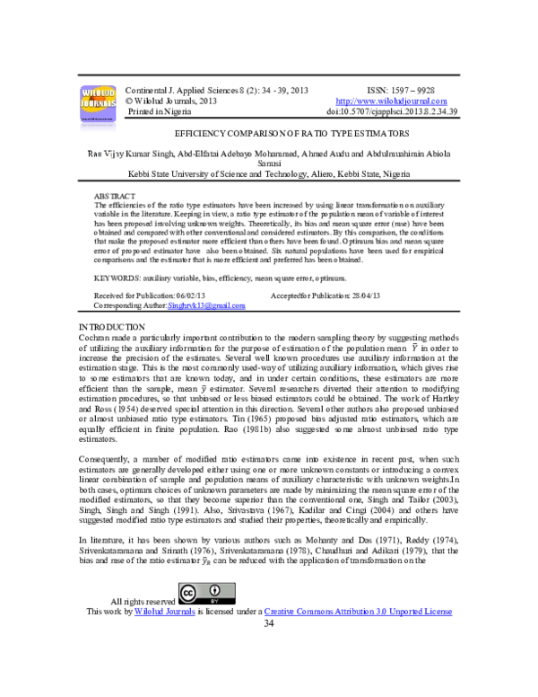 Pdf Efficiency Comparison Of Ratio Type Estimators