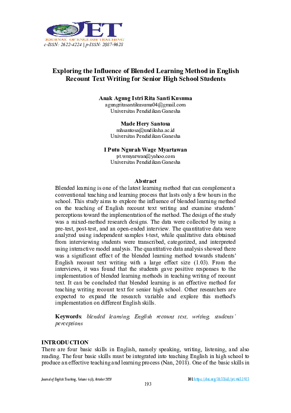 (PDF) Exploring the Influence of Blended Learning Method in English ...