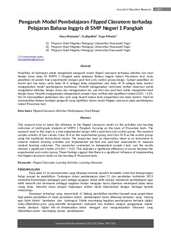 Pdf Pengaruh Model Pembelajaran Flipped Classroom Terhadap Pelajaran