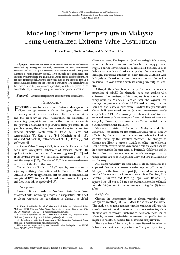 (PDF) Modelling Extreme Temperature in Malaysia Using Generalized Extreme Value Distribution