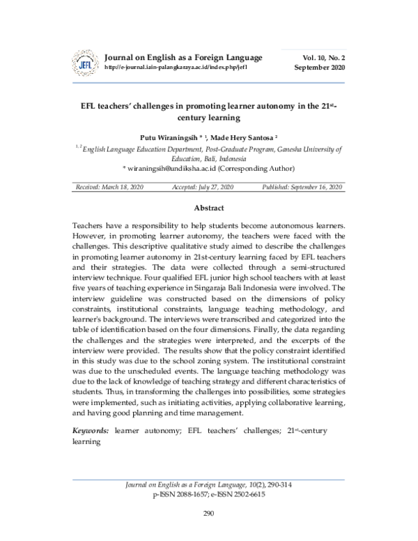 (PDF) EFL teachers’ challenges in promoting learner autonomy in the 21st-century learning