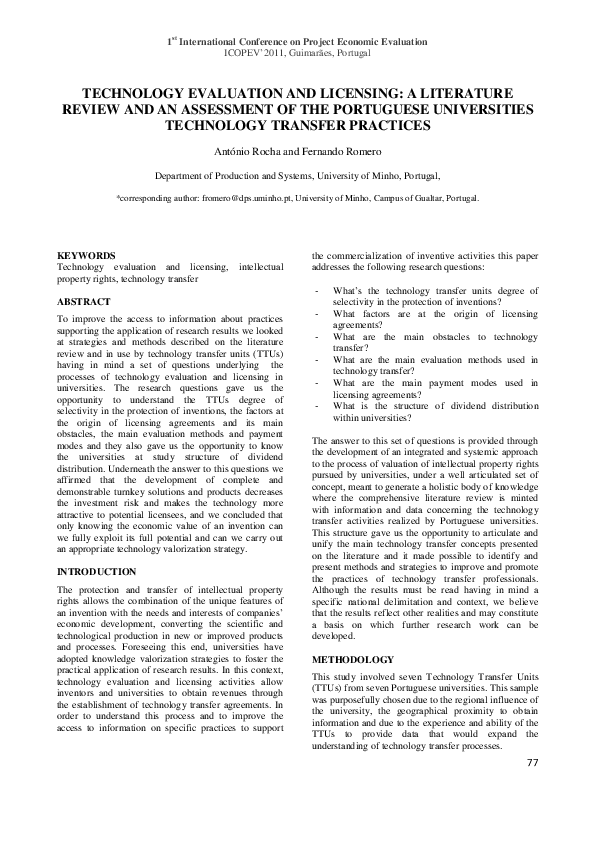(PDF) Technology evaluation and licensing : a literature review and an ...