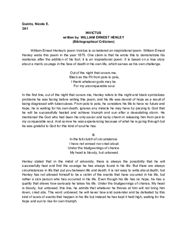 (DOC) Quinto, Nicole E. 3A1 INVICTUS written by WILLIAM ERNEST HENLEY
