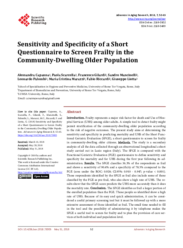 (PDF) Sensitivity and Specificity of a Short Questionnaire to Screen Frailty in the Community ...