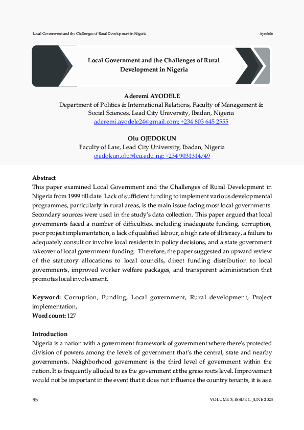 (PDF) Local Government and the Challenges of Rural Development in Nigeria