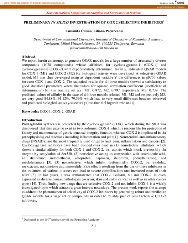 Preliminary in silico investigation of cox 2 selective inhibitors