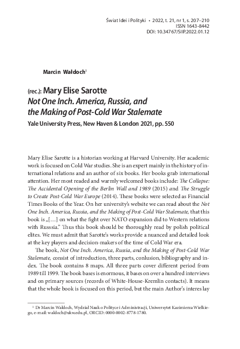 (PDF) (rev.): Mary Elise Sarotte Not One Inch. America, Russia, and the ...
