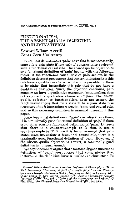 (PDF) Functionalism, the Absent Qualia Objection and Eliminativism
