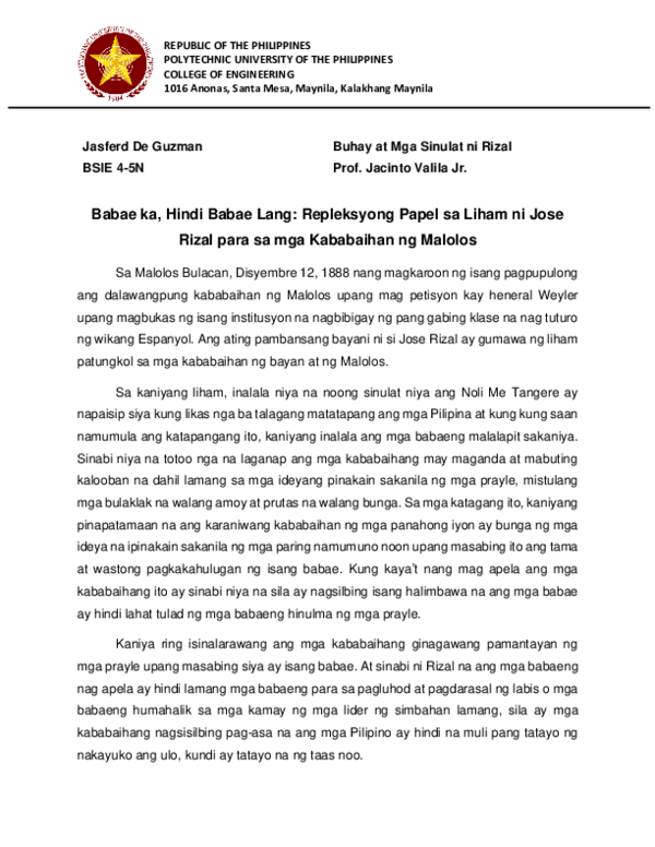 (PDF) Babae ka Hindi Babae Lang Repleksyong Papel sa Liham ni Jose Rizal para sa mga Kababaihan ...
