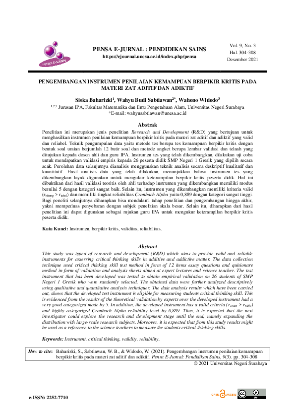 (PDF) Pengembangan Instrumen Penilaian Kemampuan Berpikir Kritis Pada Materi Zat Aditif Dan Adiktif