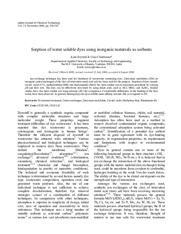 (PDF) Sorption of water soluble dyes using inorganic materials as sorbents