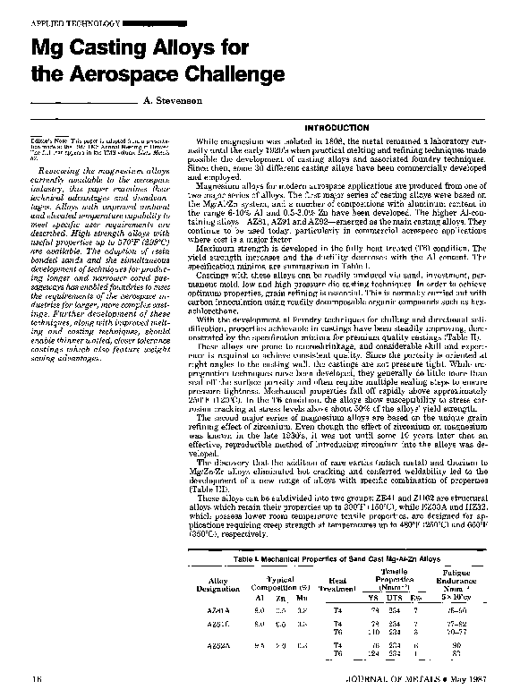 (PDF) Mg Casting Alloys for the Aerospace Challenge