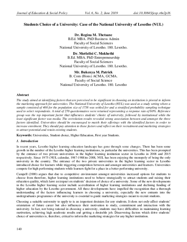 (PDF) Students Choice of a University: Case of the National University ...
